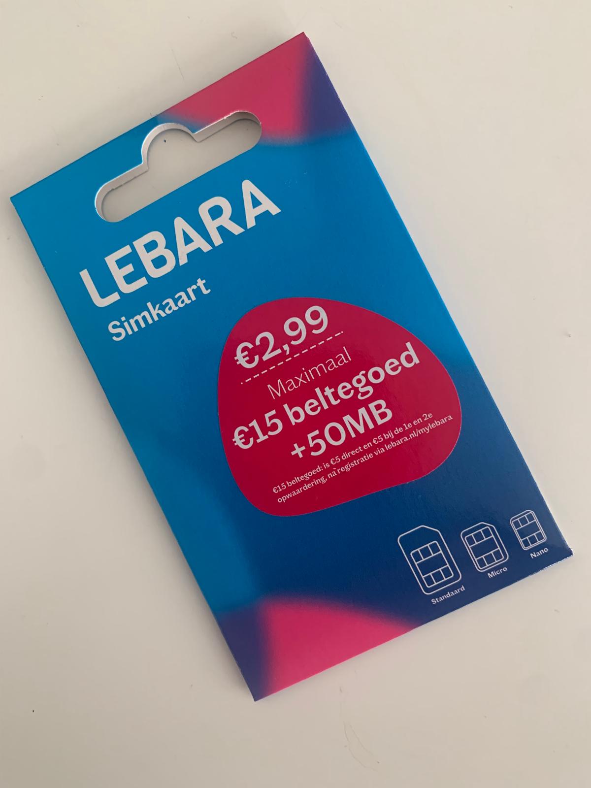 Lebara Simkaart met 50Mb en maximaal €15 beltegoed, incl. Verzendkoste